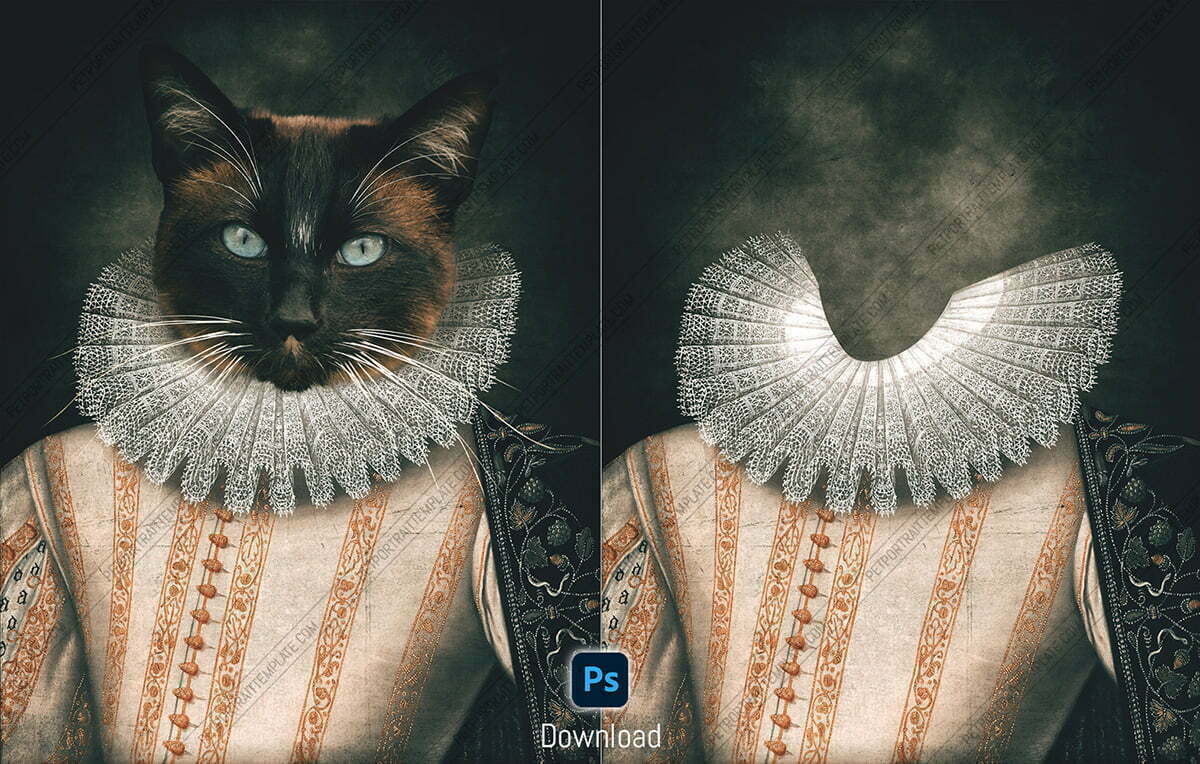 Renaissance Pet Portrait Template Queen Persian Cat PSD File Pet 