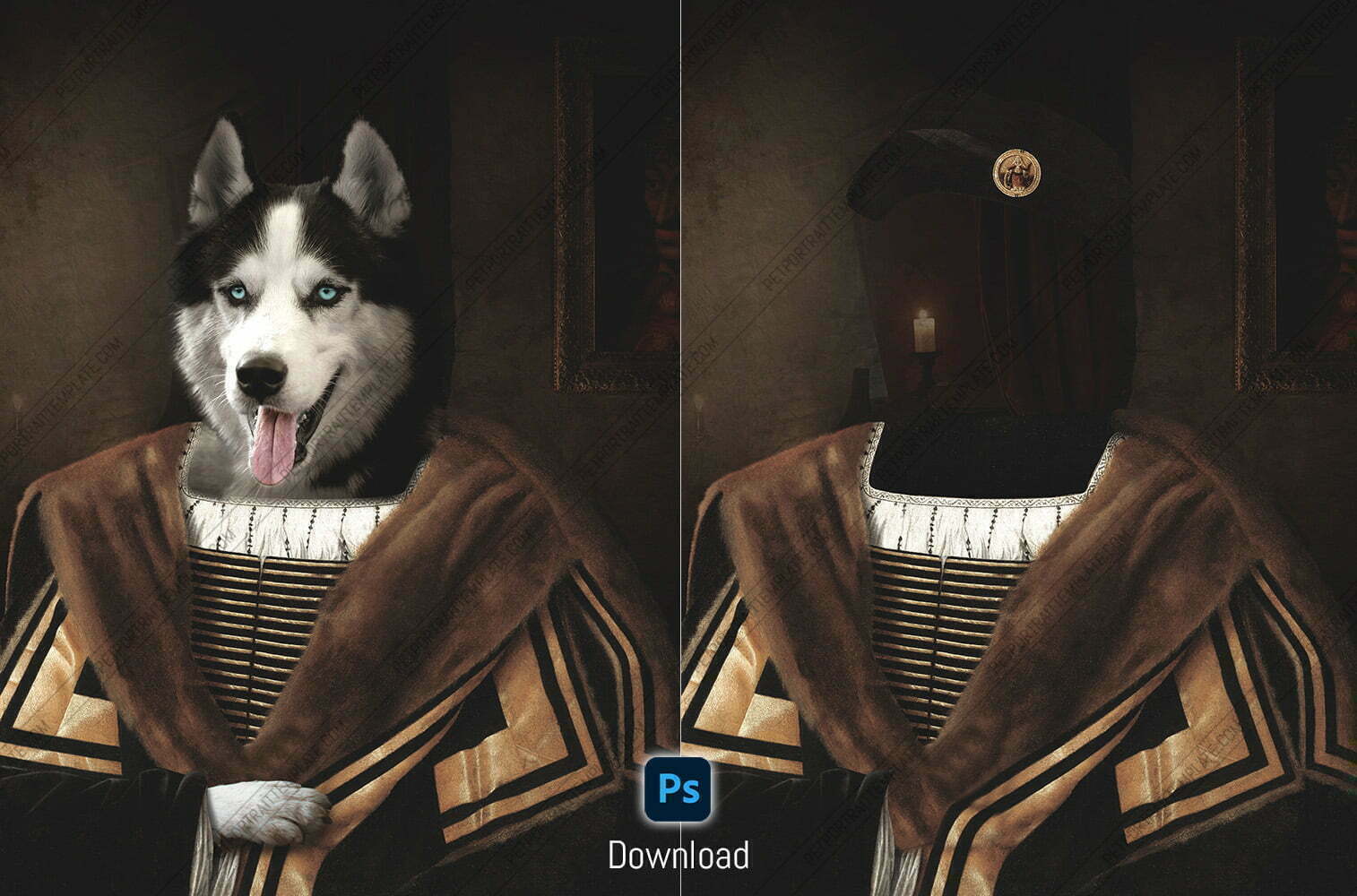 Renaissance Pet Portrait Template Professor Husky Dog PSD File Pet 