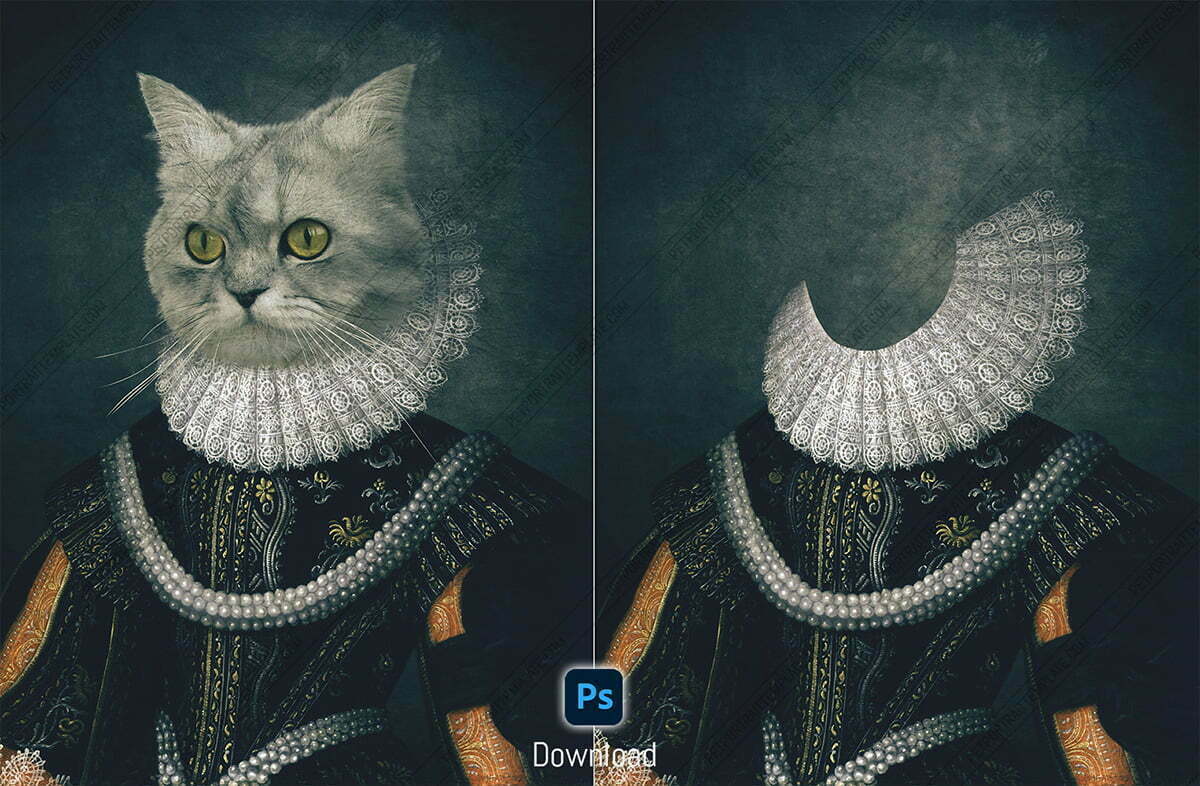 Renaissance Pet Portrait Template Queen Persian Cat PSD File Pet 
